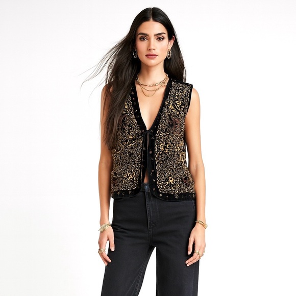 Vintage | Tops | Vintage Whimsigoth Vest Black Gold Beaded Embroidered ...